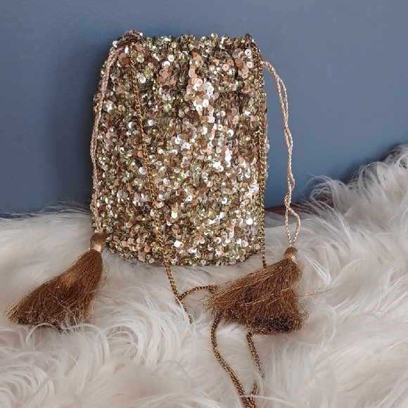 Bags | Sequin Drawstring Bag Gold | Poshmark